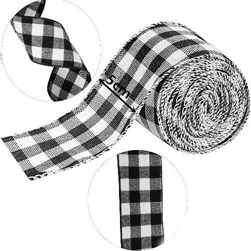 Christmas Plaid Wired Ribbons Gingham Burlap Ribbon,White and Black Wrapping Ribbon Plaid Ribbon for Christmas Decoration Crafts Making