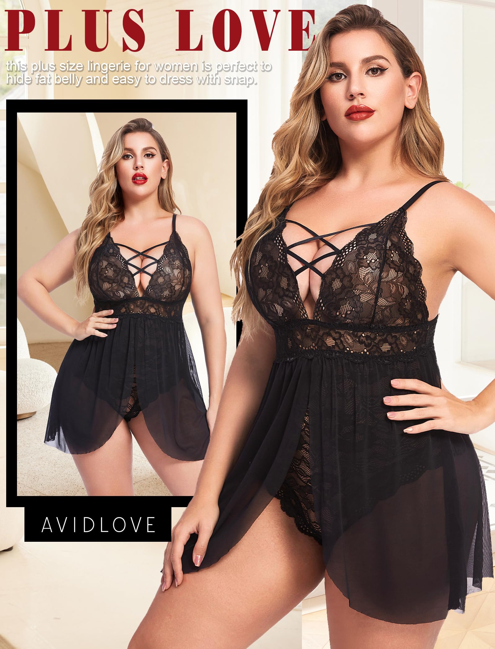 Avidlove Lingerie for Women Plus Size Lace Chemise One Piece Teddy Bodysuit Black