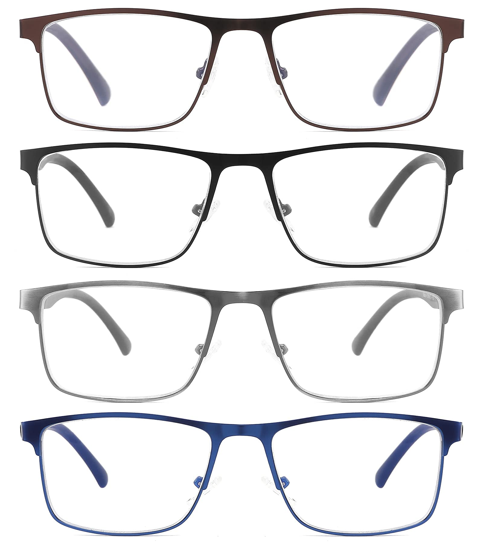 DILLY VISION 4-Pack Blue Light Blocking Reading Glasses for Men Stylish Metal Frame Readers with Comfort Spring Hinges Anti Glare UV Filter Eyeglasses, +2.5 STRENGTH
