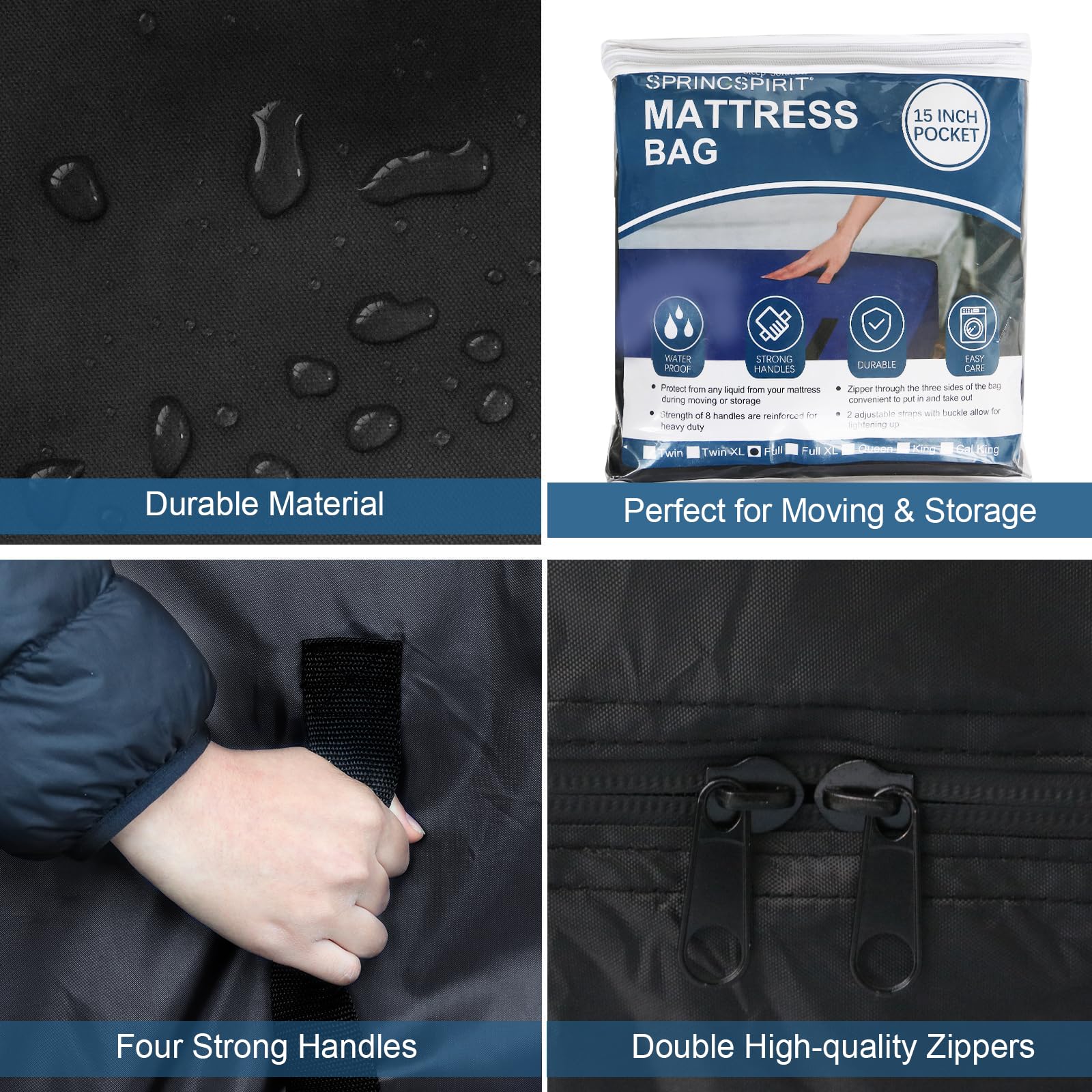 Mattress Bags for Moving and Storage, Heavy Duty Twin Mattress Bag with 4 Strong Handles, 100% Waterproof Mattress Cover/Protector for Moving Twin Size, Reusable Thick Tarp, Black