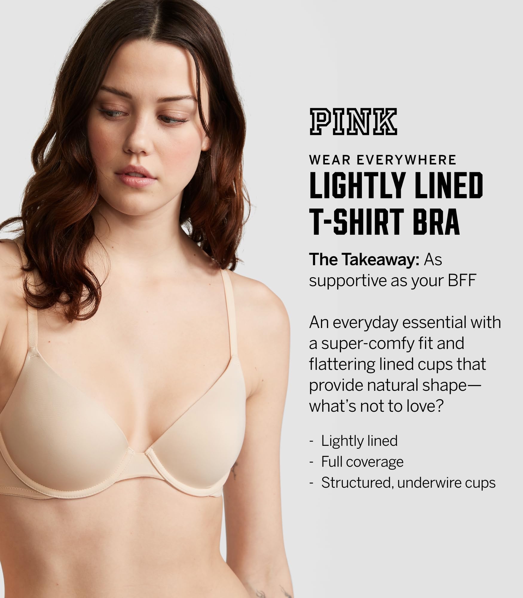 Victoria's Secret Pink Wear Everywhere T-Shirt Bra, Lightly Lined, Smooth, Bras for Women, Beige (36D)