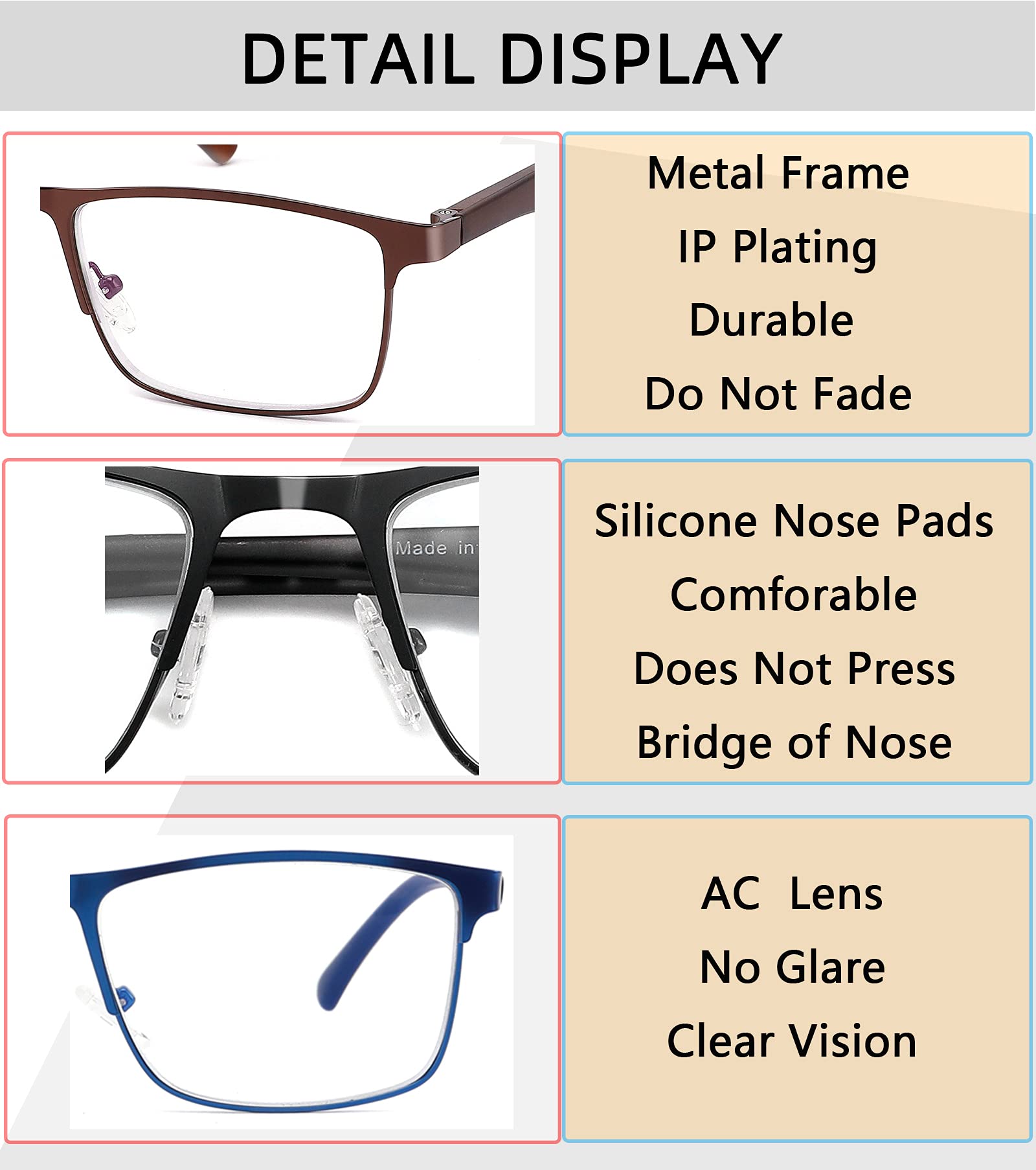DILLY VISION 4-Pack Blue Light Blocking Reading Glasses for Men Stylish Metal Frame Readers with Comfort Spring Hinges Anti Glare UV Filter Eyeglasses, +2.5 STRENGTH