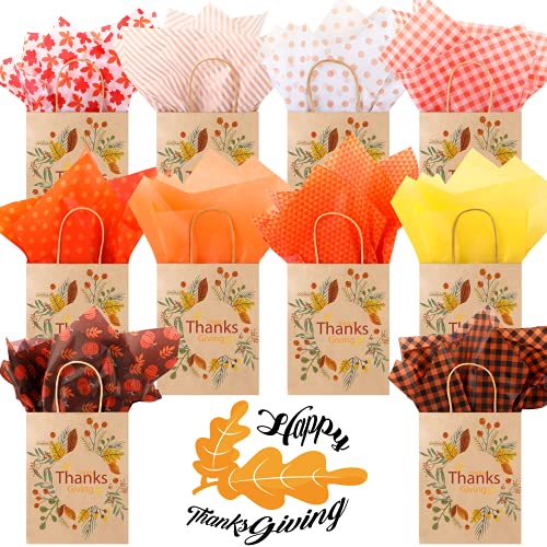 SANNIX 100 Sheet Fall Thanksgiving Tissue Paper, Pumpkin Maple Leaves Plaid Dots Crafts Paper Orange Yellow Autumn Wrapping Paper for Fall Harvest Thanksgiving Gift Wrapping Decorations (10 Design)