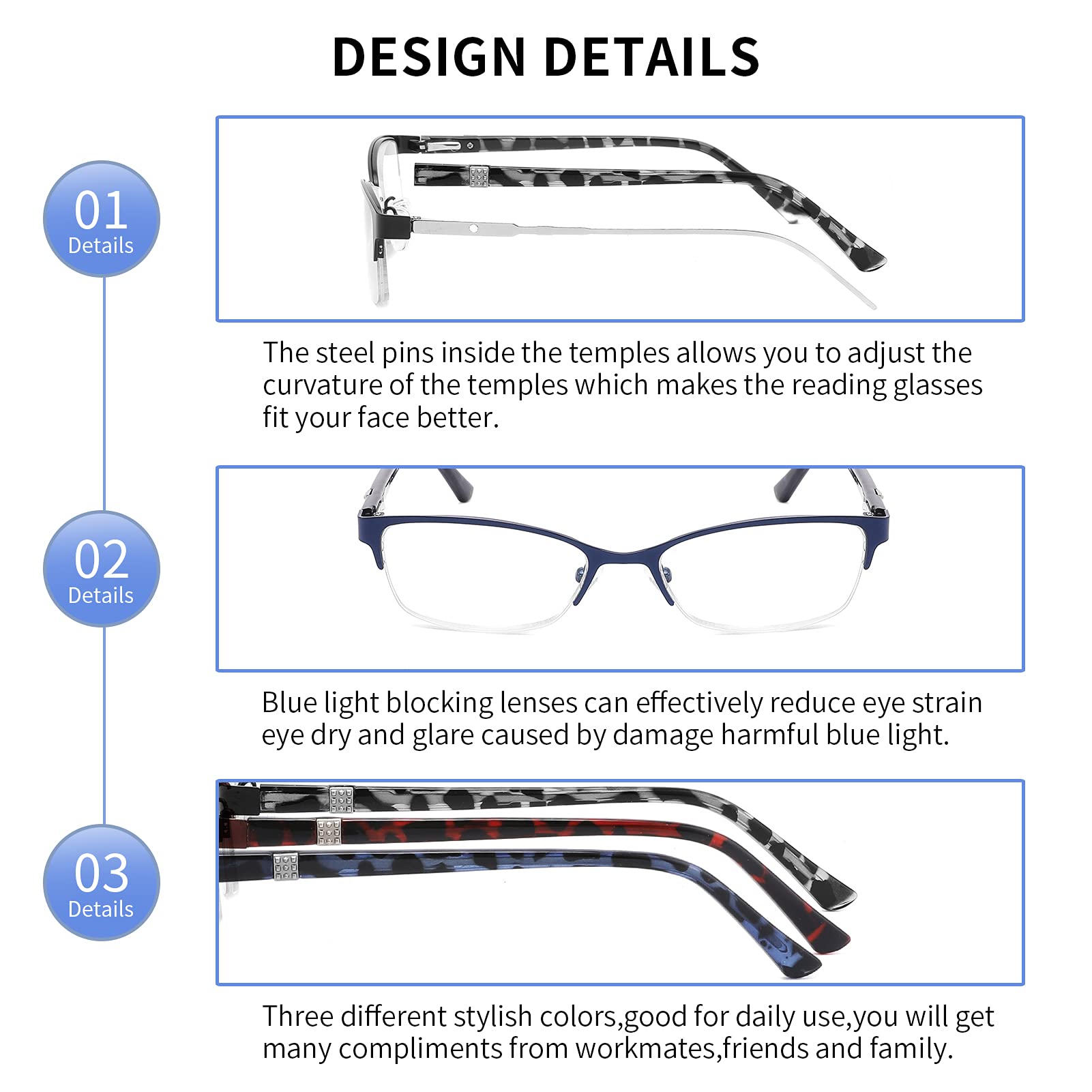 CRGATV 3-Pack Reading Glasses for Women Blue Light Blocking Metal Half Frame Computer Readers Anti UV/Eye Strain/Glare (+3.0 Magnification Strength)