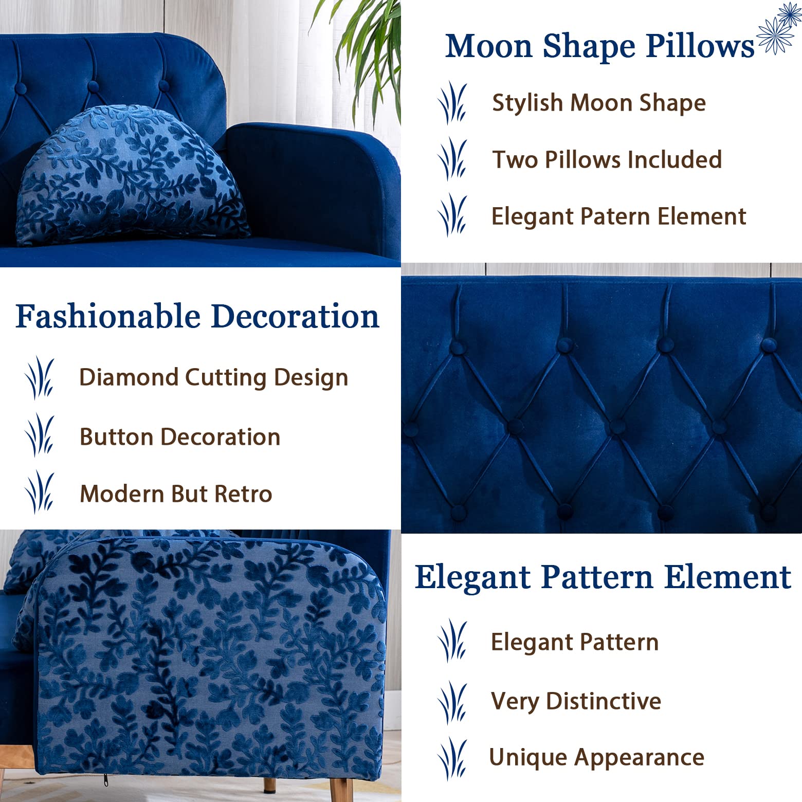 55-inch Small Velvet Couch with Elegant Moon Shape Pillows, Twin Size Loveseat Accent Sofa with Golden Metal Legs, Living Room Sofa with Tufted Backrest, 600 Pounds Weight Capacity, Navy Blue
