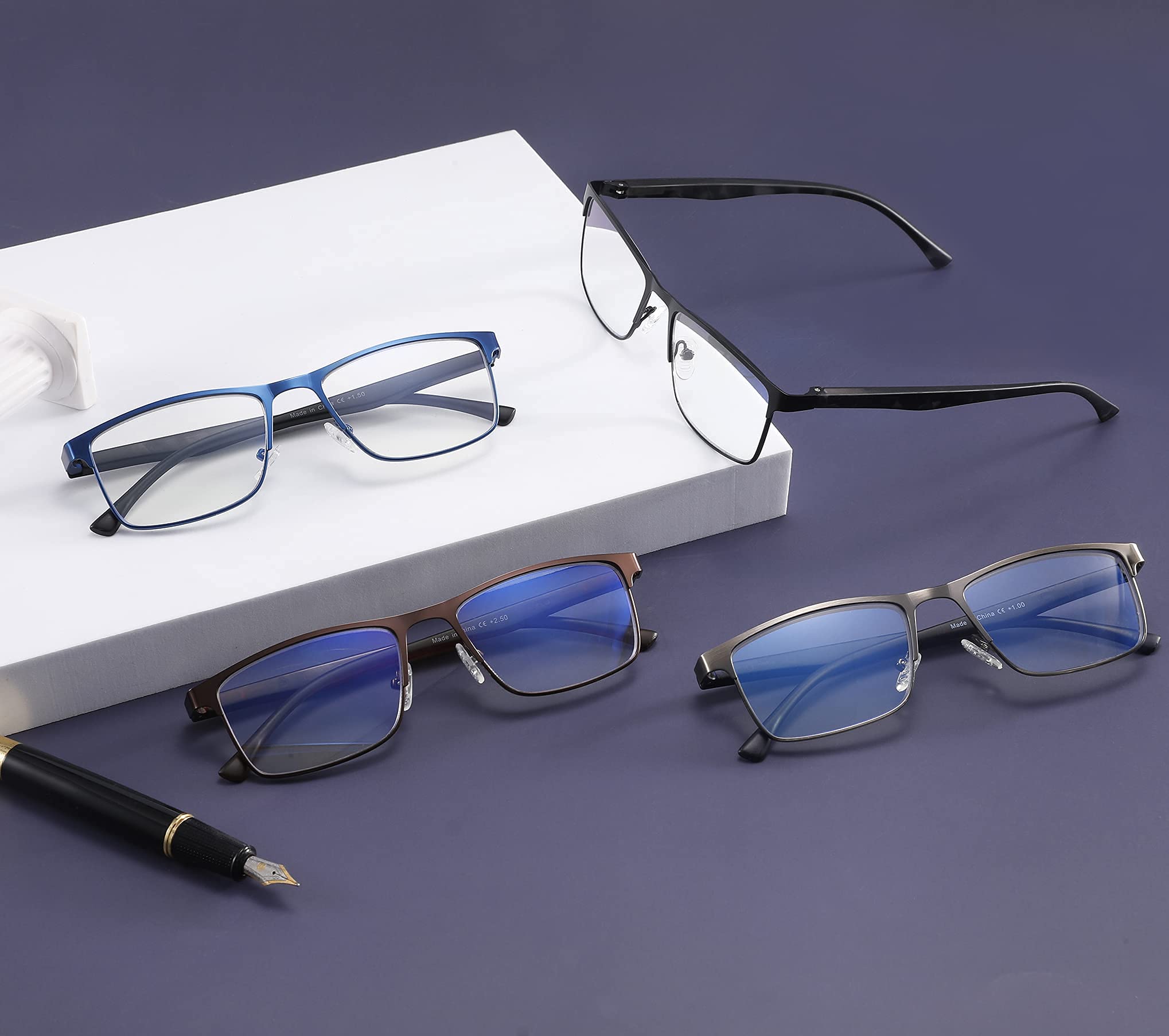 DILLY VISION 4-Pack Blue Light Blocking Reading Glasses for Men Stylish Metal Frame Readers with Comfort Spring Hinges Anti Glare UV Filter Eyeglasses, +2.5 STRENGTH