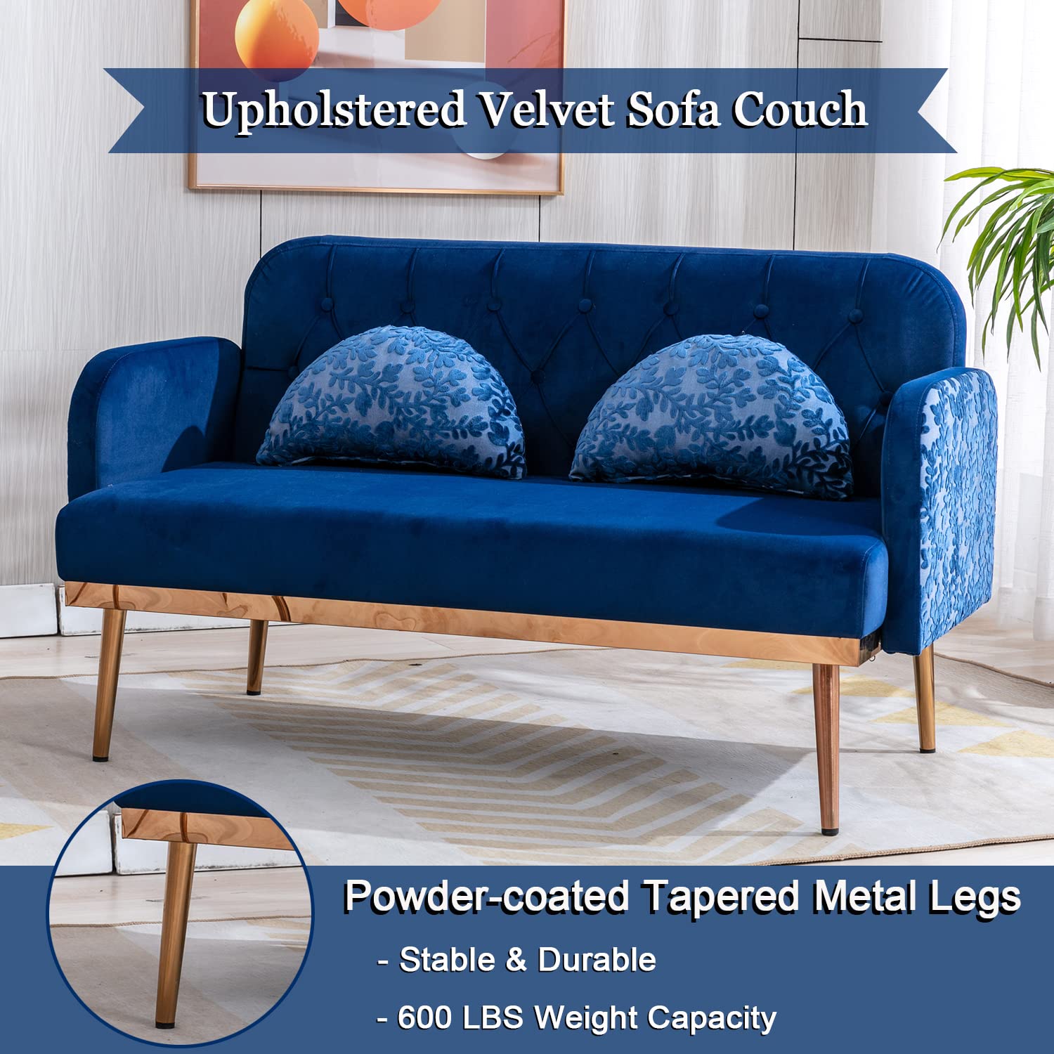 55-inch Small Velvet Couch with Elegant Moon Shape Pillows, Twin Size Loveseat Accent Sofa with Golden Metal Legs, Living Room Sofa with Tufted Backrest, 600 Pounds Weight Capacity, Navy Blue