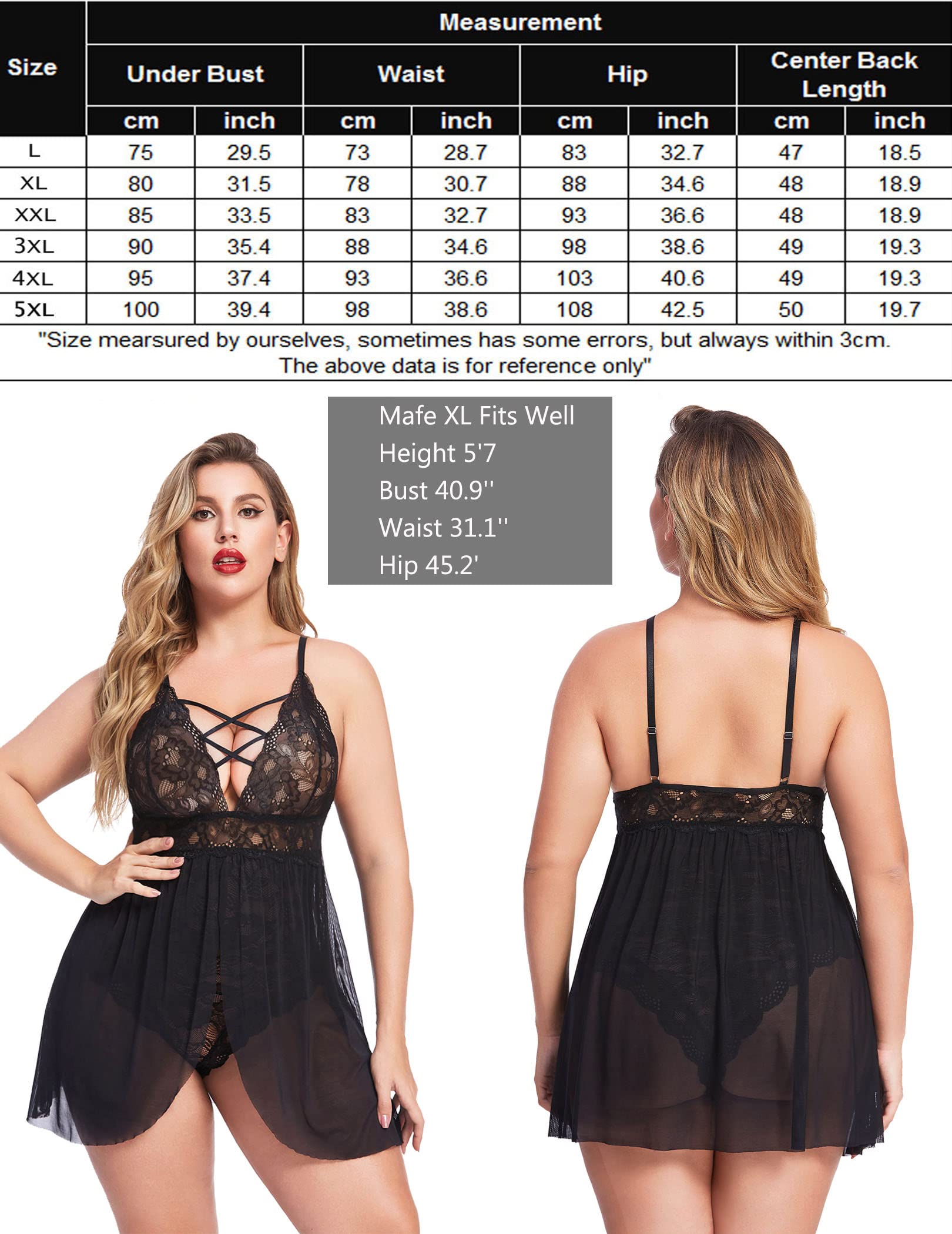 Avidlove Lingerie for Women Plus Size Lace Chemise One Piece Teddy Bodysuit Black