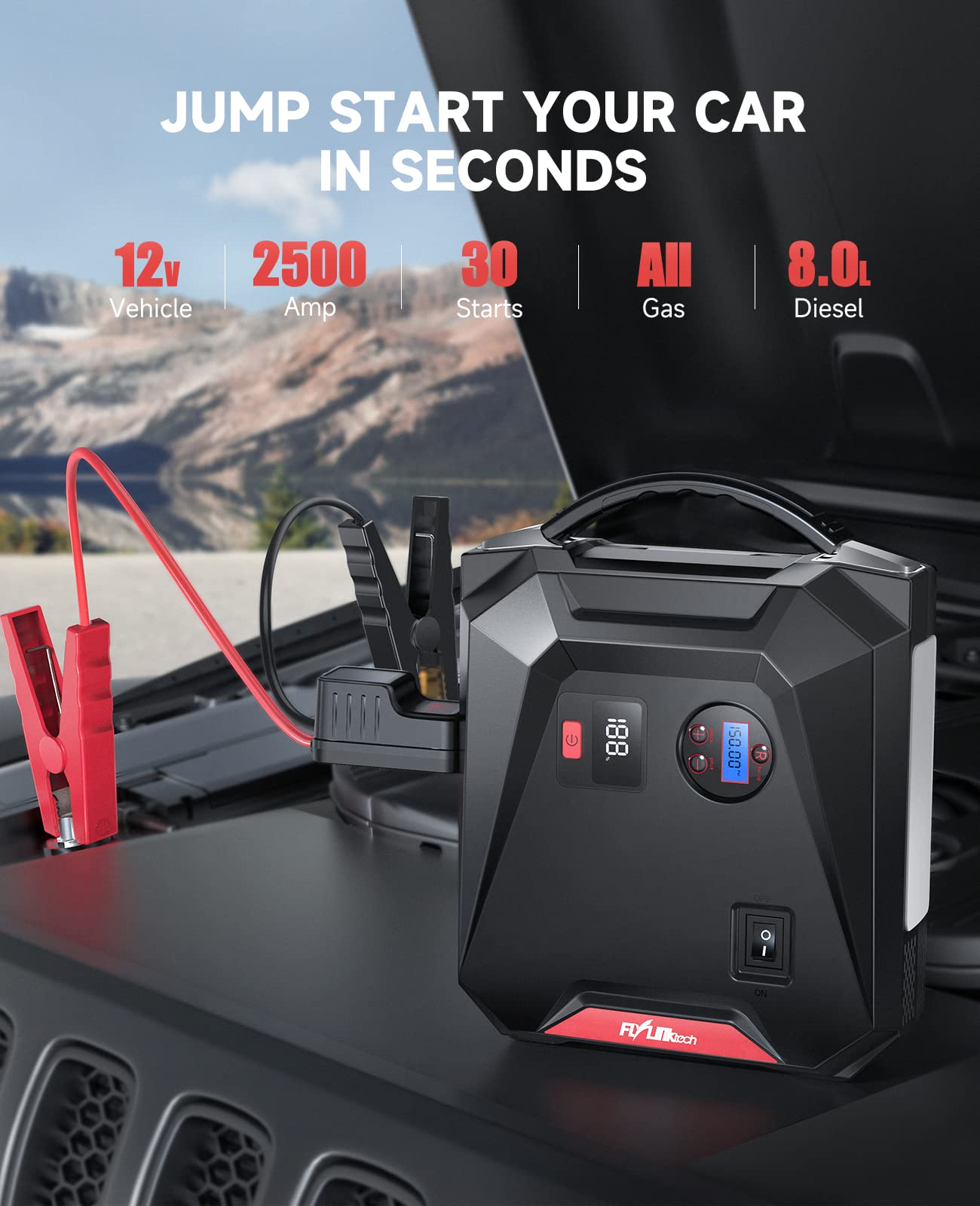 Car Jump Starter with Air Compressor, 2500A Peak 24000mAh Portable Jump Starter Car Battery Charger Moto Battery Booster Power Pack (All Gas or 8.0L Diesel) Emergency Auto Battery Booster Pack