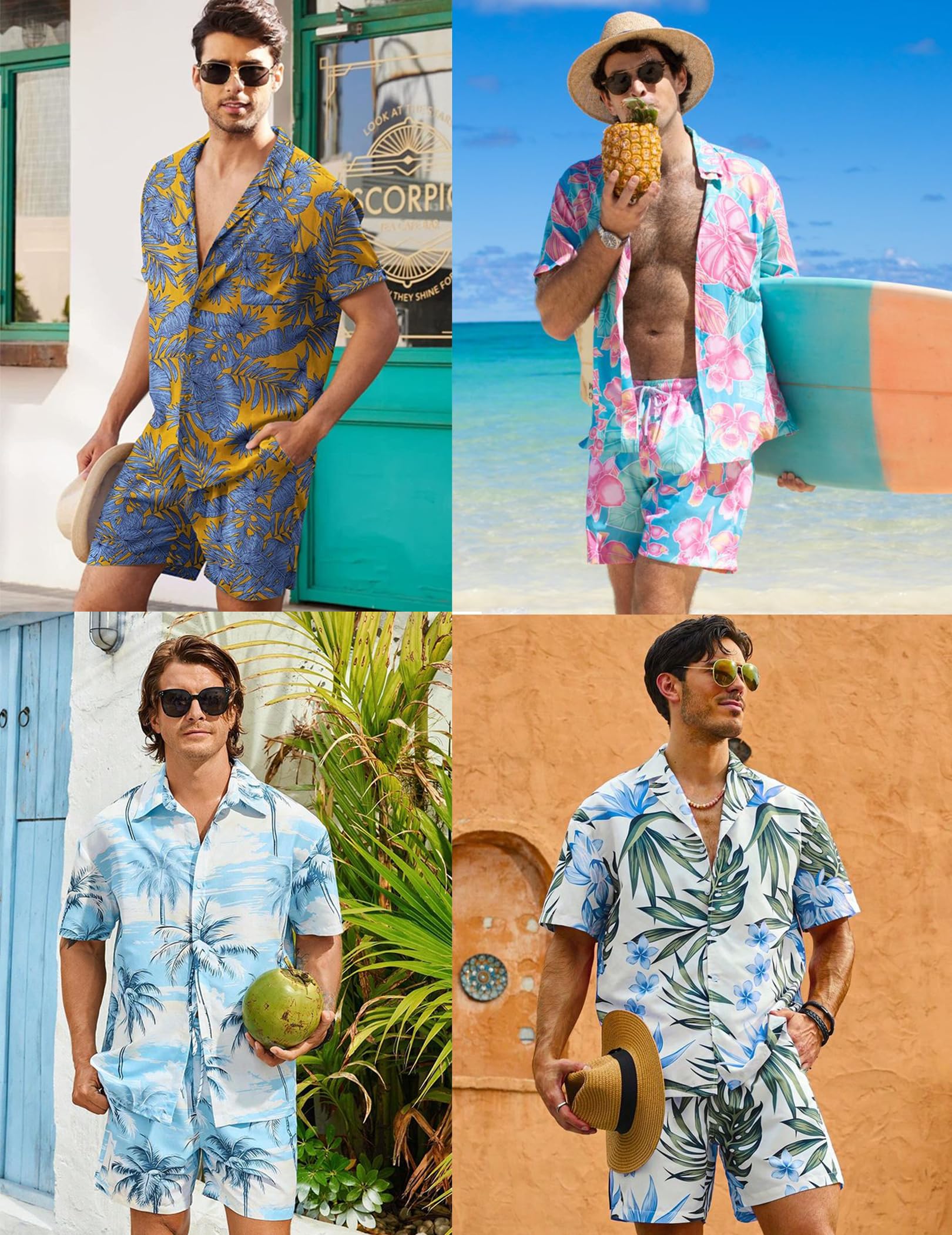 COOFANDY Men's Flower Shirt Hawaiian Sets Casual Button Down Short Sleeve Shirt 2 Piece Short Set Vacation Outfits