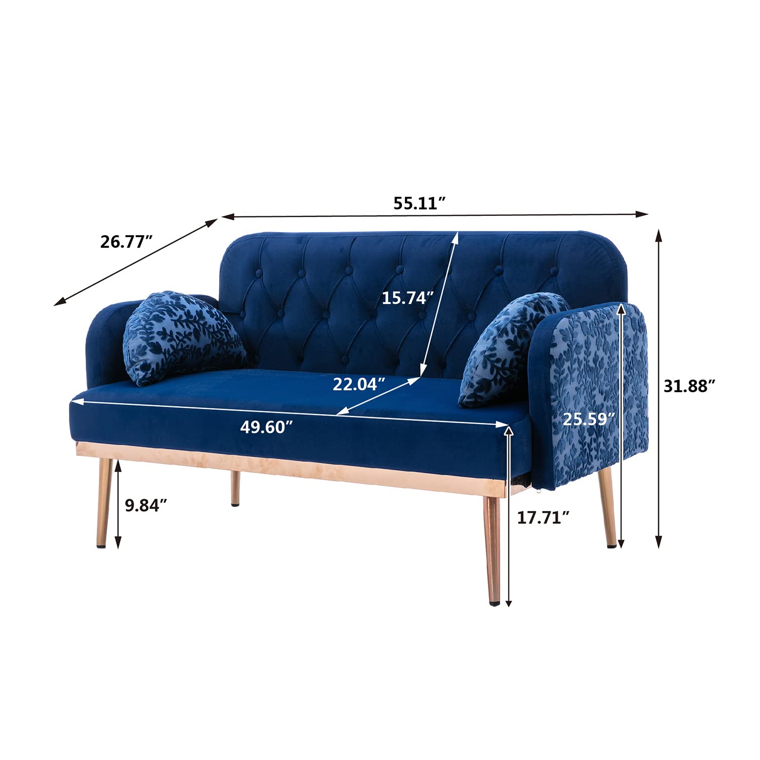 55-inch Small Velvet Couch with Elegant Moon Shape Pillows, Twin Size Loveseat Accent Sofa with Golden Metal Legs, Living Room Sofa with Tufted Backrest, 600 Pounds Weight Capacity, Navy Blue