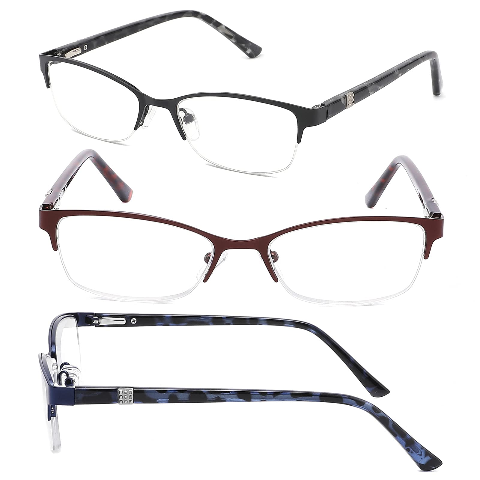CRGATV 3-Pack Reading Glasses for Women Blue Light Blocking Metal Half Frame Computer Readers Anti UV/Eye Strain/Glare (+3.0 Magnification Strength)