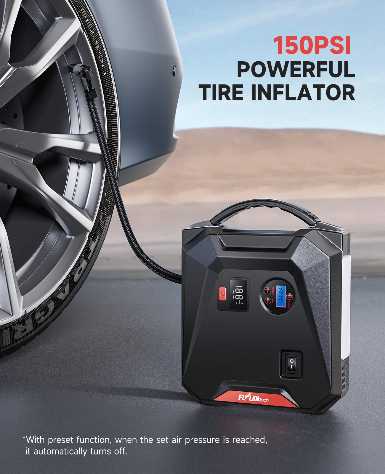 Car Jump Starter with Air Compressor, 2500A Peak 24000mAh Portable Jump Starter Car Battery Charger Moto Battery Booster Power Pack (All Gas or 8.0L Diesel) Emergency Auto Battery Booster Pack