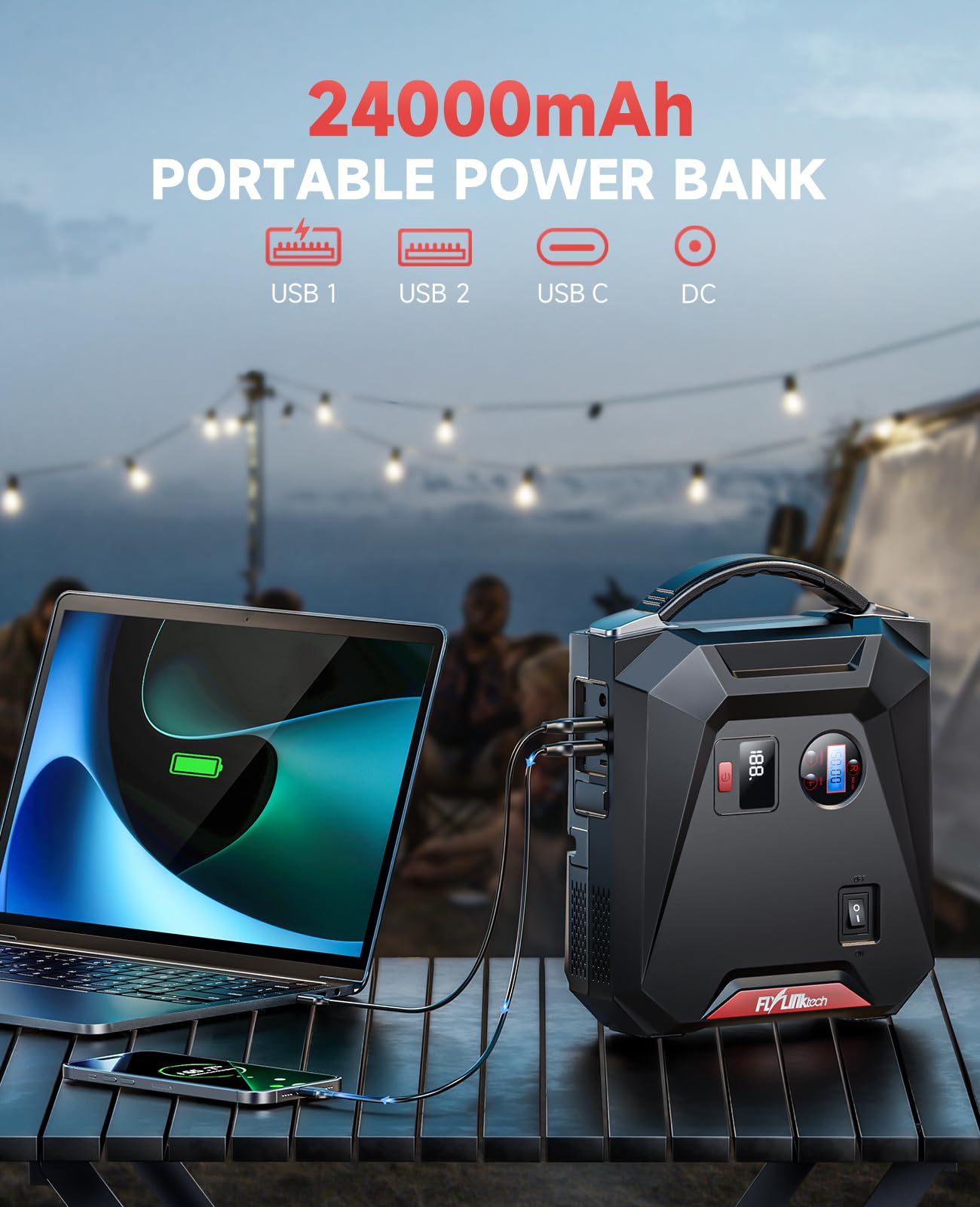 Car Jump Starter with Air Compressor, 2500A Peak 24000mAh Portable Jump Starter Car Battery Charger Moto Battery Booster Power Pack (All Gas or 8.0L Diesel) Emergency Auto Battery Booster Pack