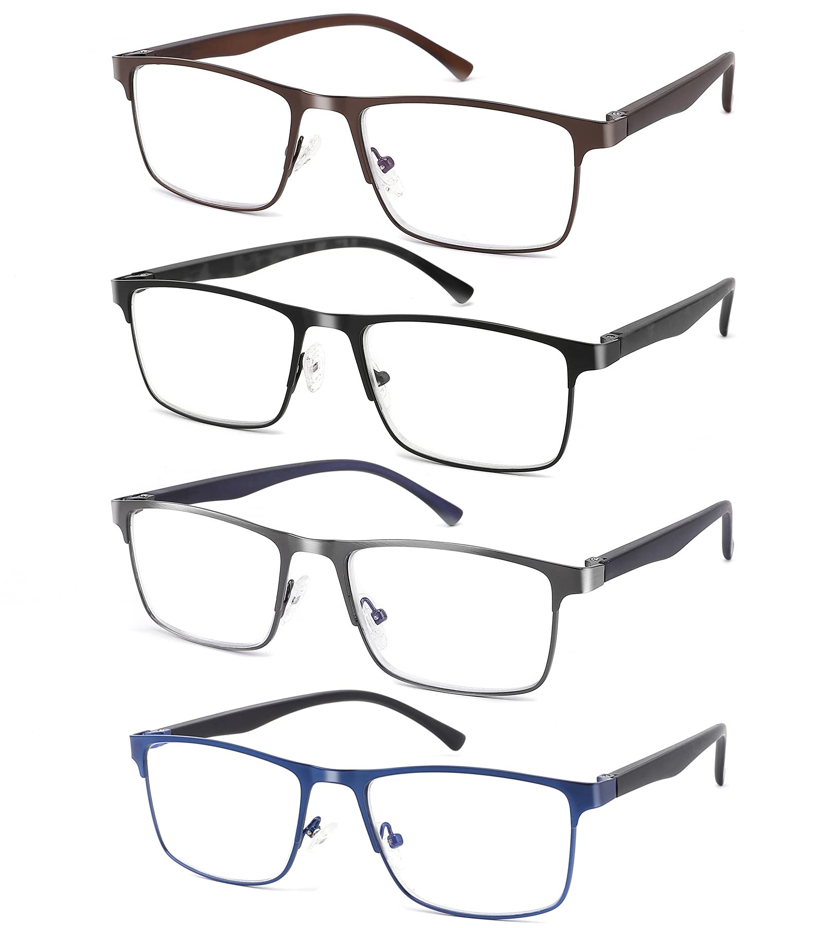DILLY VISION 4-Pack Blue Light Blocking Reading Glasses for Men Stylish Metal Frame Readers with Comfort Spring Hinges Anti Glare UV Filter Eyeglasses, +2.5 STRENGTH
