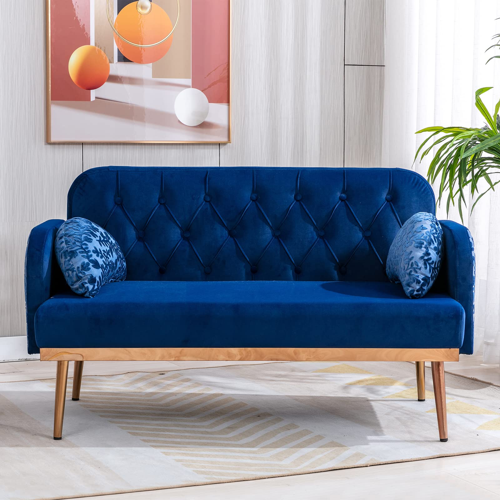 55-inch Small Velvet Couch with Elegant Moon Shape Pillows, Twin Size Loveseat Accent Sofa with Golden Metal Legs, Living Room Sofa with Tufted Backrest, 600 Pounds Weight Capacity, Navy Blue