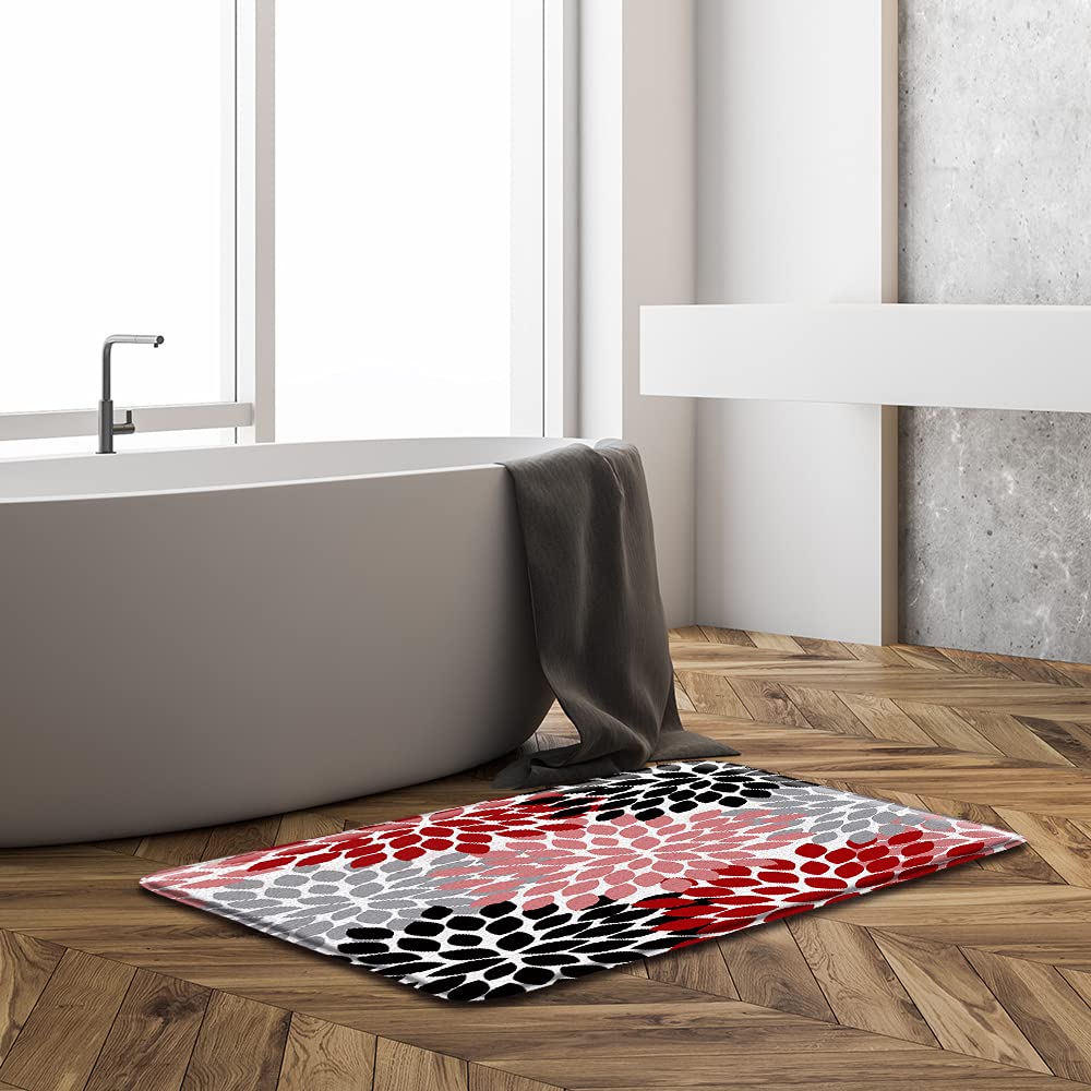 YSATNSFT Dahlia Bath Mat Pinnata Floral Black Red Coral Pink Gray Flower Pattern Print Bathroom Bedroom Kitchen Toilet Rug Soft Memory Foam Backing,18x30 Inch