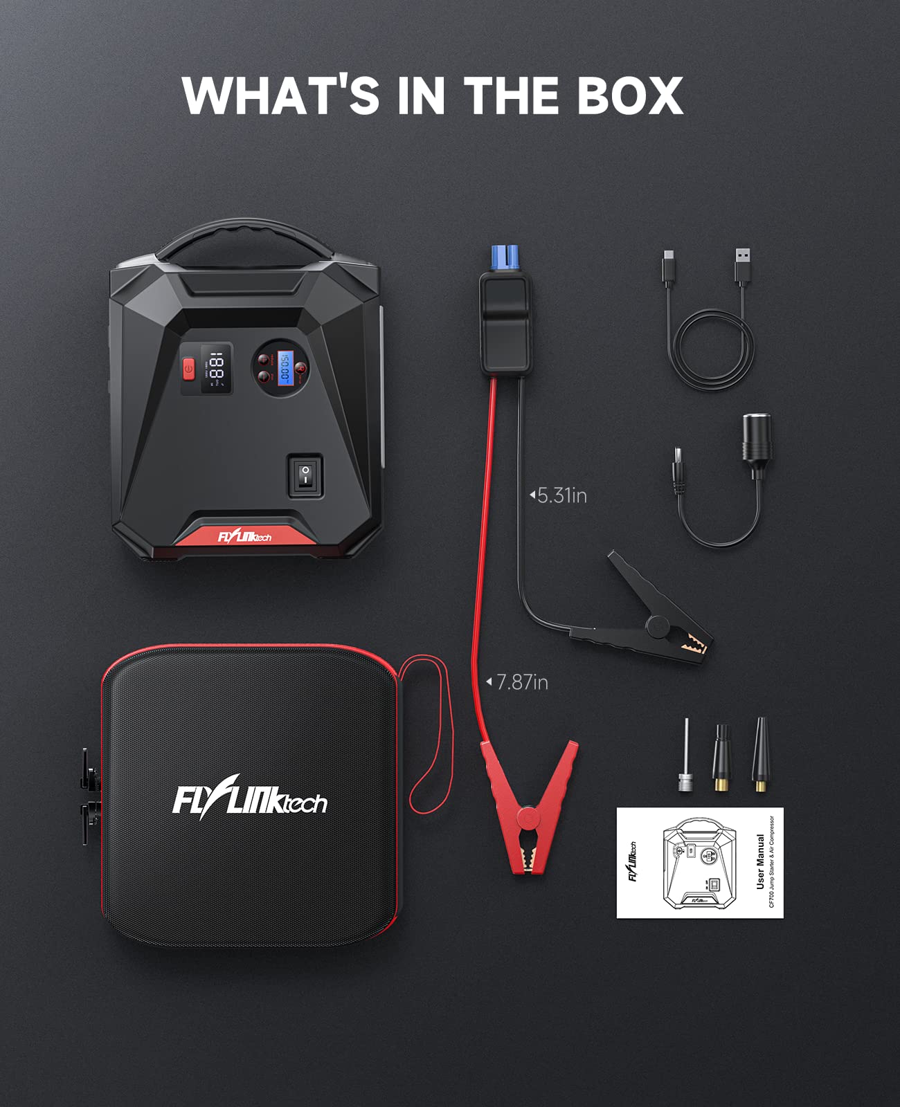 Car Jump Starter with Air Compressor, 2500A Peak 24000mAh Portable Jump Starter Car Battery Charger Moto Battery Booster Power Pack (All Gas or 8.0L Diesel) Emergency Auto Battery Booster Pack