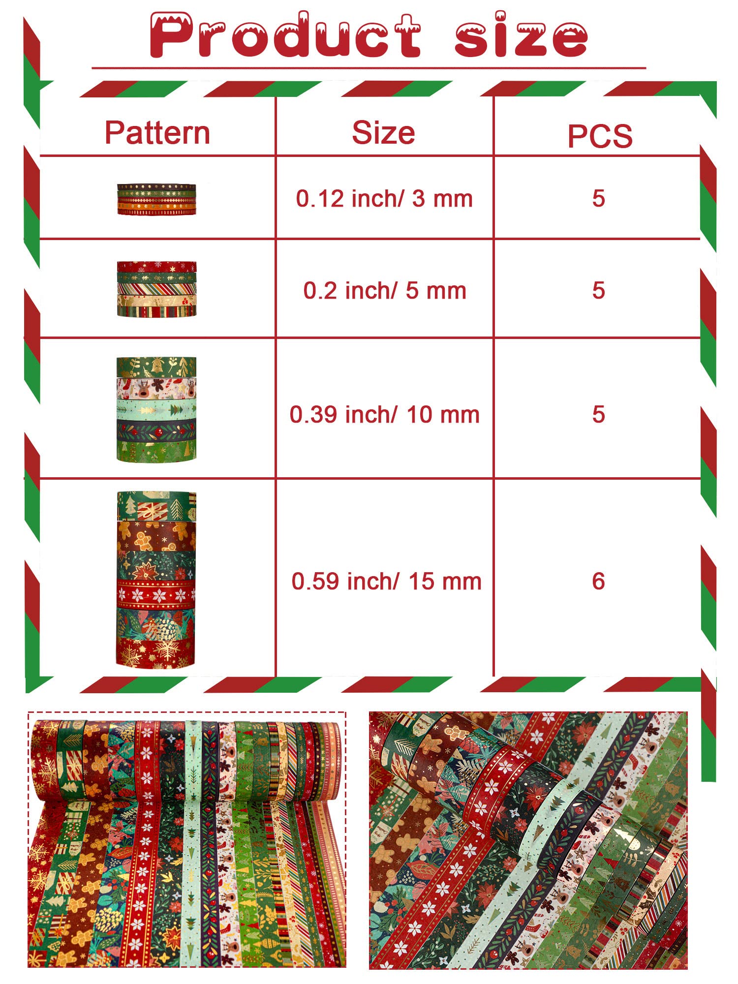 21 Rolls Christmas Gold Foil Washi Tape - Holiday Decor With Snowflake, Deer, Tree Designs - Self-Adhesive Tape for DIY Crafts, Wrapping, Party Favors