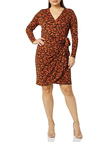 Amazon Essentials Women's Long Sleeve Classic Wrap Dress (Available in Plus Size), Brown Floral Print, Large