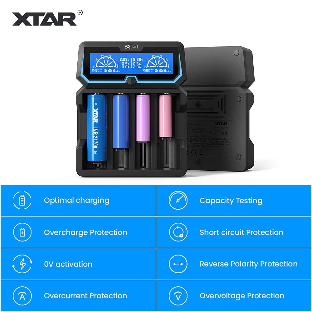 XTAR New X4 Universal 18650 21700 Battery Charger 2A Fast Charger for Rechargeable Li-ion/IMR/Ni-MH/Ni-Cd 18650 16340 20700 21700 26650 14500 AA AAA C Batteries with USB Output