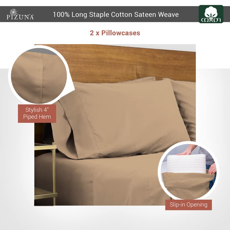 Pizuna Pure 100% Cotton Pillow Cases Queen Size Set of 2 Ginger Brown, Luxurious 400 Thread Count Long Staple Cotton Sateen with Stylish 4" Hem (Combed Ginger Brown Cotton Pillow Cases Queen)
