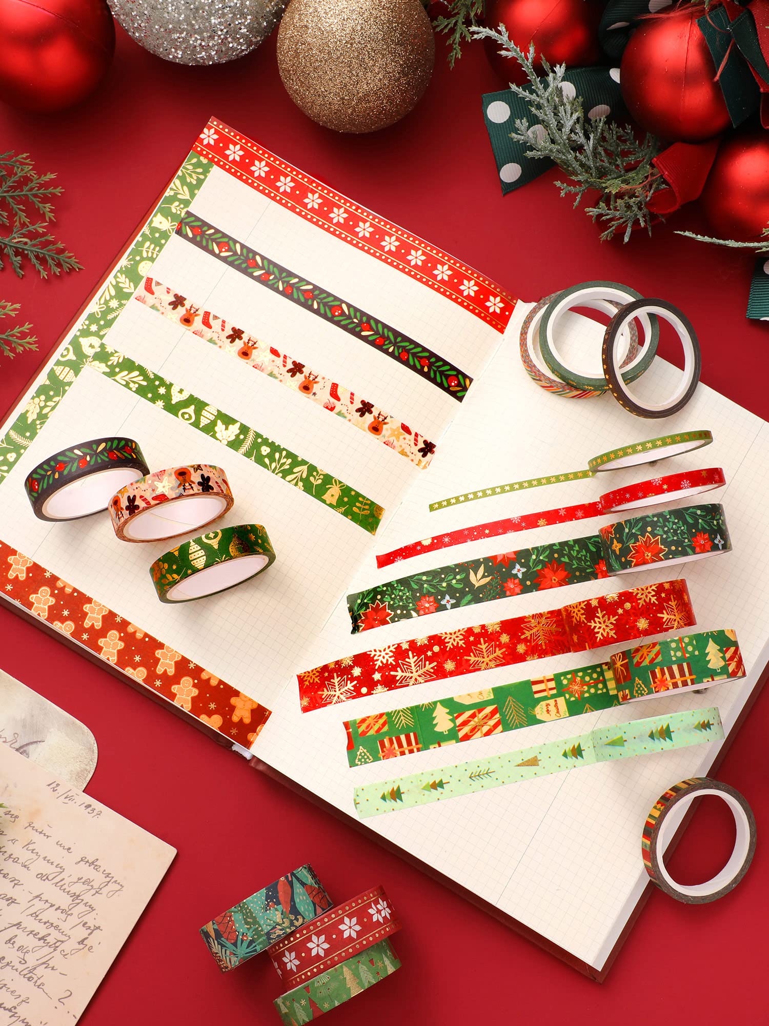21 Rolls Christmas Gold Foil Washi Tape - Holiday Decor With Snowflake, Deer, Tree Designs - Self-Adhesive Tape for DIY Crafts, Wrapping, Party Favors
