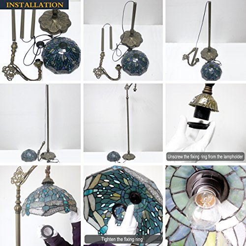 WERFACTORY Tiffany Floor Lamp Sea Blue Stained Glass Dragonfly Arched Lamp 12X18X64 Inches Gooseneck Adjustable Corner Standing Reading Light Decor Bedroom Living Room S147 Series