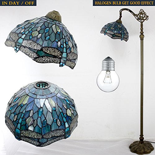 WERFACTORY Tiffany Floor Lamp Sea Blue Stained Glass Dragonfly Arched Lamp 12X18X64 Inches Gooseneck Adjustable Corner Standing Reading Light Decor Bedroom Living Room S147 Series