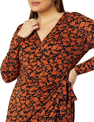 Amazon Essentials Women's Long Sleeve Classic Wrap Dress (Available in Plus Size), Brown Floral Print, Large