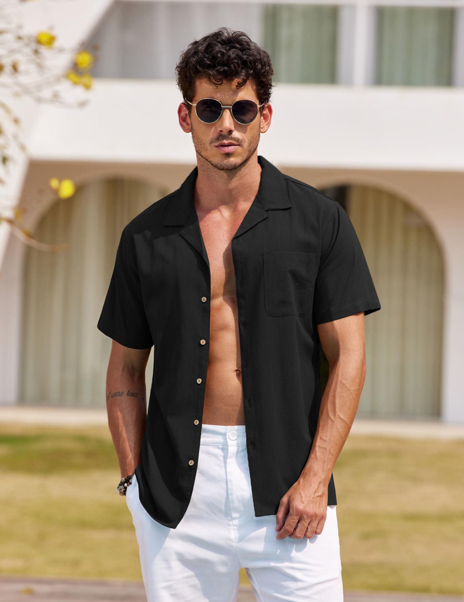COOFANDY Men Beach Linen Shirts Boho Hippie Shirts Summer Cotton Tops Big and Tall A- Black