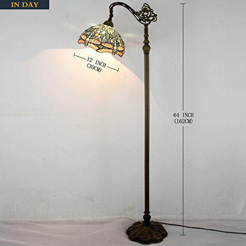 WERFACTORY Tiffany Floor Lamp Sea Blue Stained Glass Dragonfly Arched Lamp 12X18X64 Inches Gooseneck Adjustable Corner Standing Reading Light Decor Bedroom Living Room S147 Series