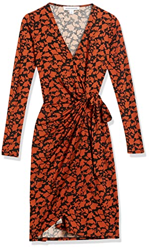 Amazon Essentials Women's Long Sleeve Classic Wrap Dress (Available in Plus Size), Brown Floral Print, Large