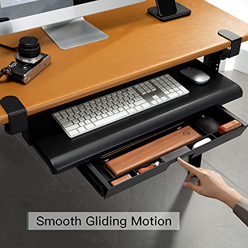 HUANUO Keyboard Tray, Pull Out Drawer Under Desk - Keyboard Tray Under Desk Slide, w/Storage Organizer, Computer Keyboard Stand w/Extra Sturdy C Clamp (32.28" Including Clamps)