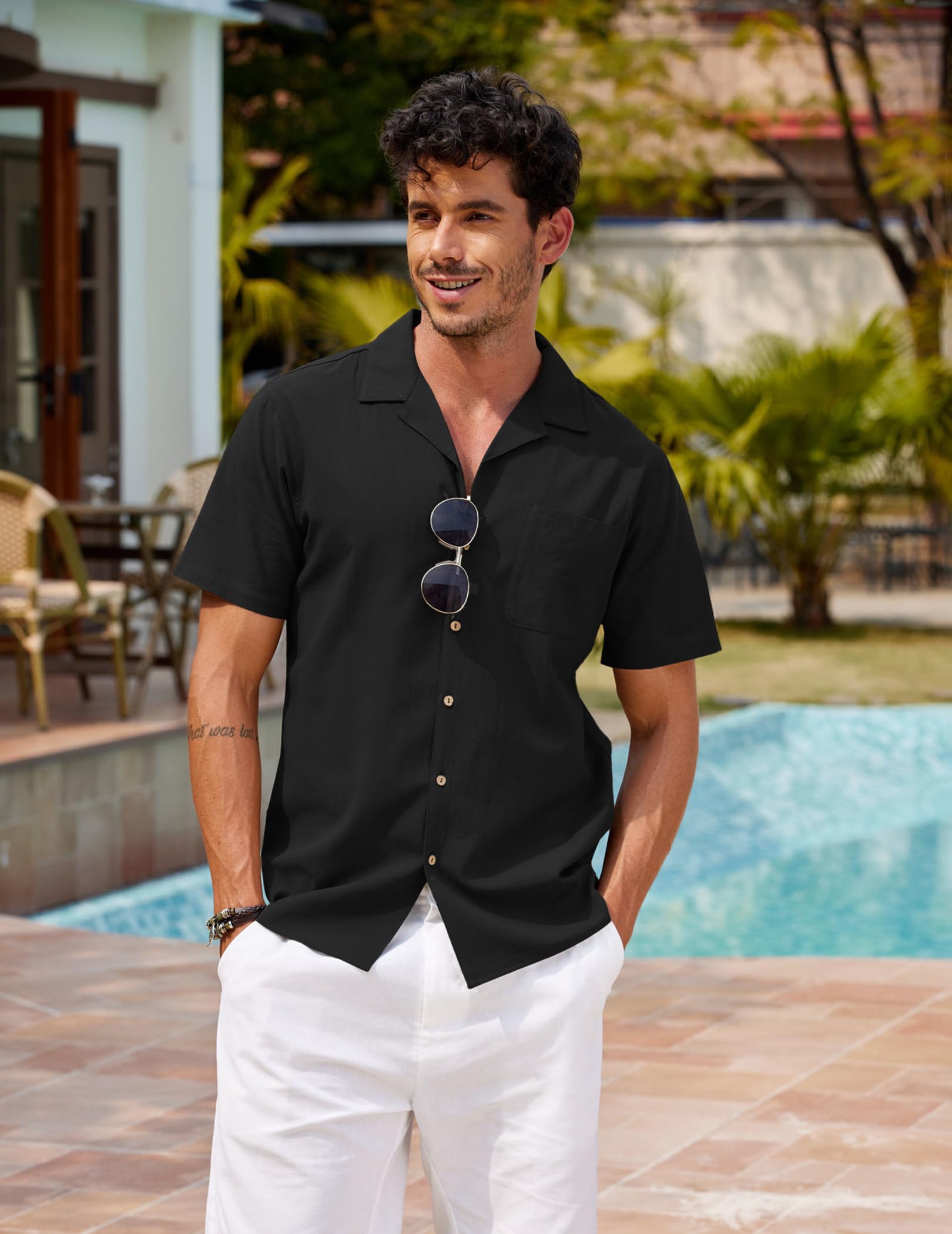COOFANDY Men Beach Linen Shirts Boho Hippie Shirts Summer Cotton Tops Big and Tall A- Black