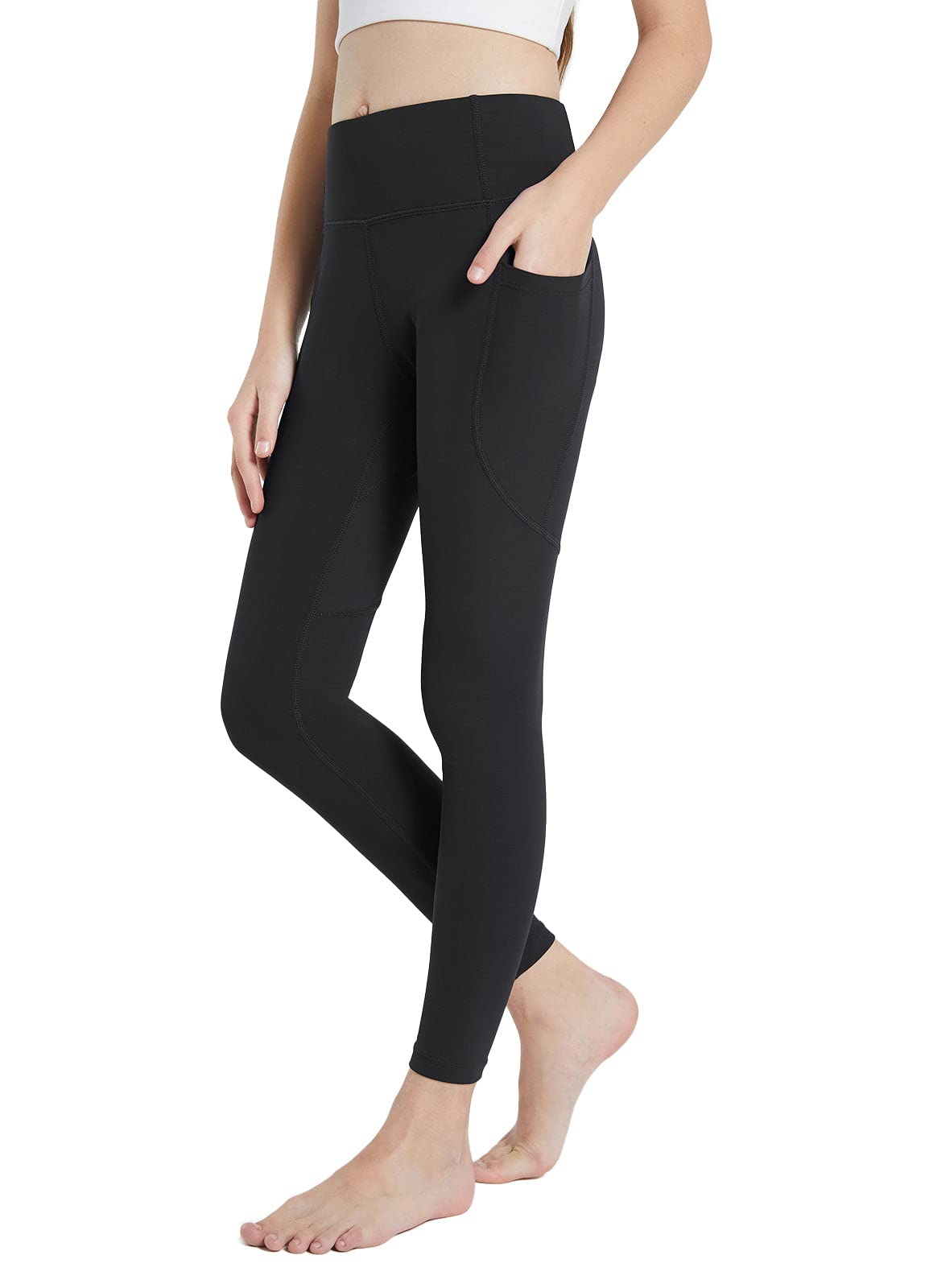 baleaf Leggings for Girls Dance Tights Yoga Pants with Pocket Preppy Clothes Kids Teen Running Athletic Workout Ballet Size 10-12 Black
