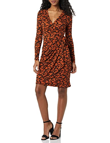 Amazon Essentials Women's Long Sleeve Classic Wrap Dress (Available in Plus Size), Brown Floral Print, Large