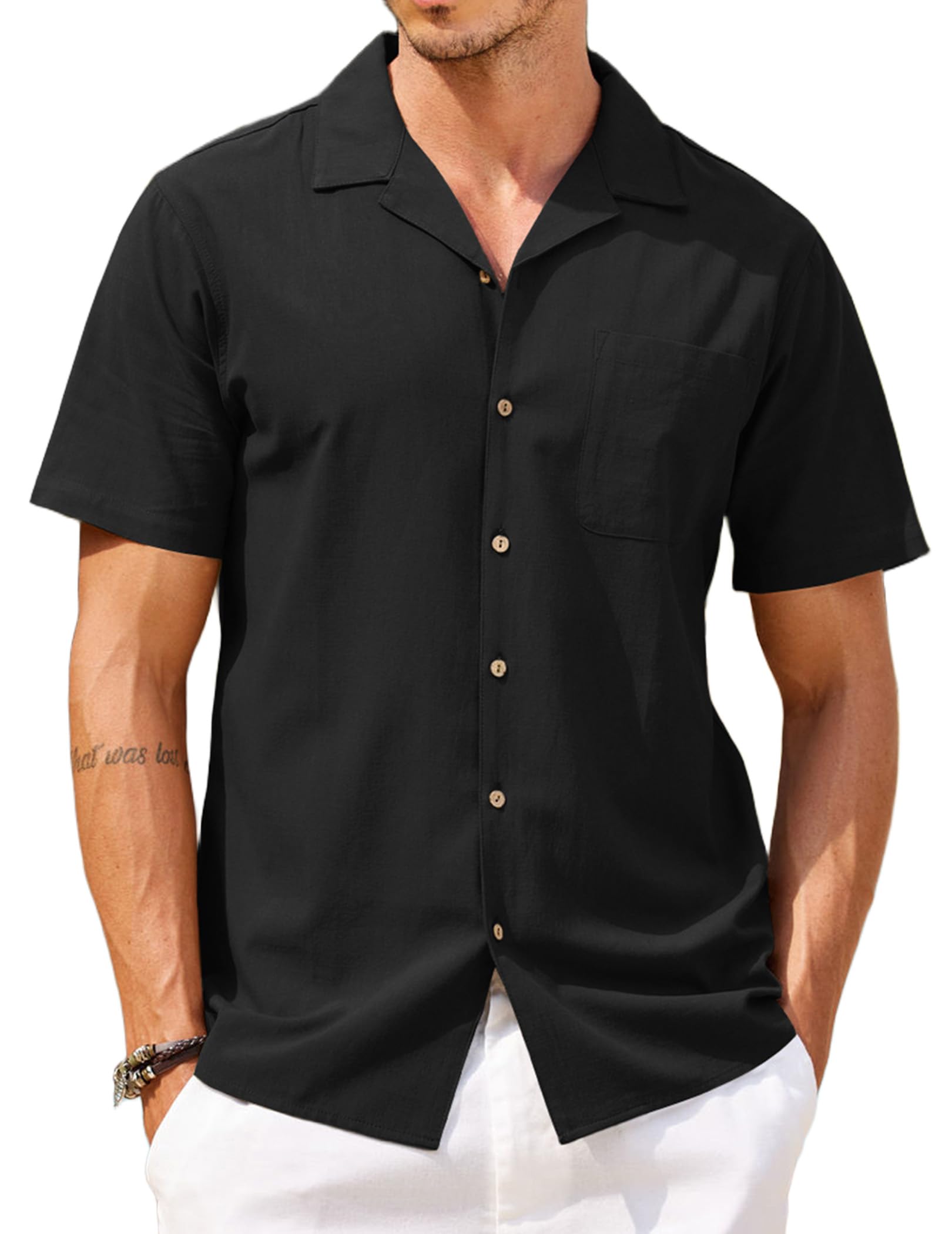 COOFANDY Men Beach Linen Shirts Boho Hippie Shirts Summer Cotton Tops Big and Tall A- Black