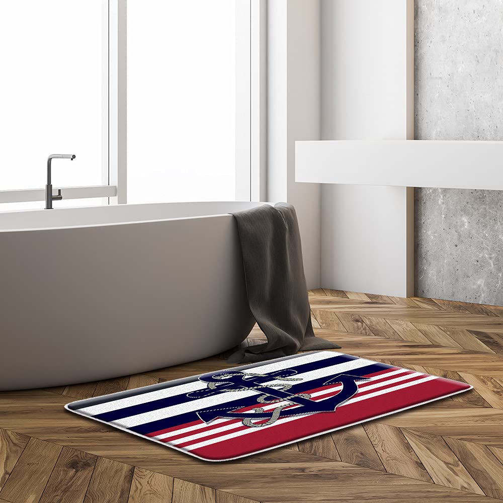 YSATNSFT Nautical Anchor Bath Mat Navy Blue Red White Stripe Creative Ocean Theme Bathroom Bedroom Kitchen Toilet Rug Soft Memory Foam Backing,18x30 Inch