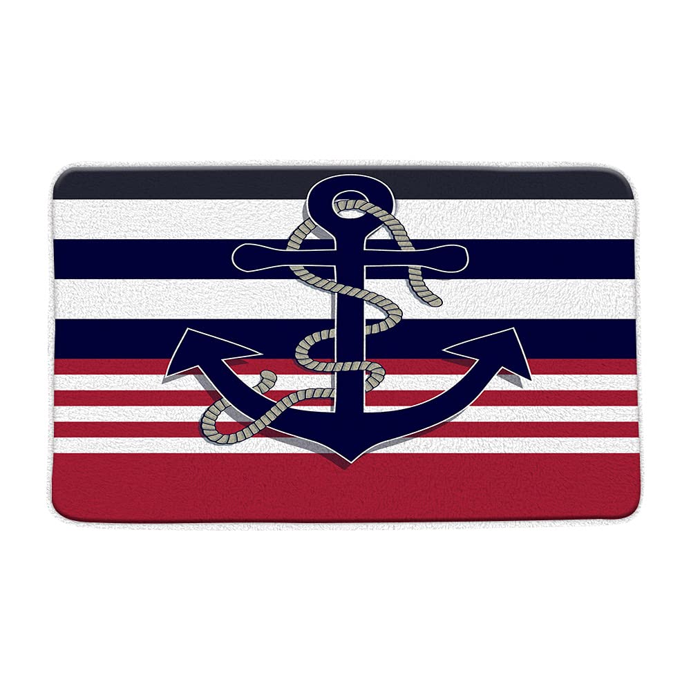 YSATNSFT Nautical Anchor Bath Mat Navy Blue Red White Stripe Creative Ocean Theme Bathroom Bedroom Kitchen Toilet Rug Soft Memory Foam Backing,18x30 Inch