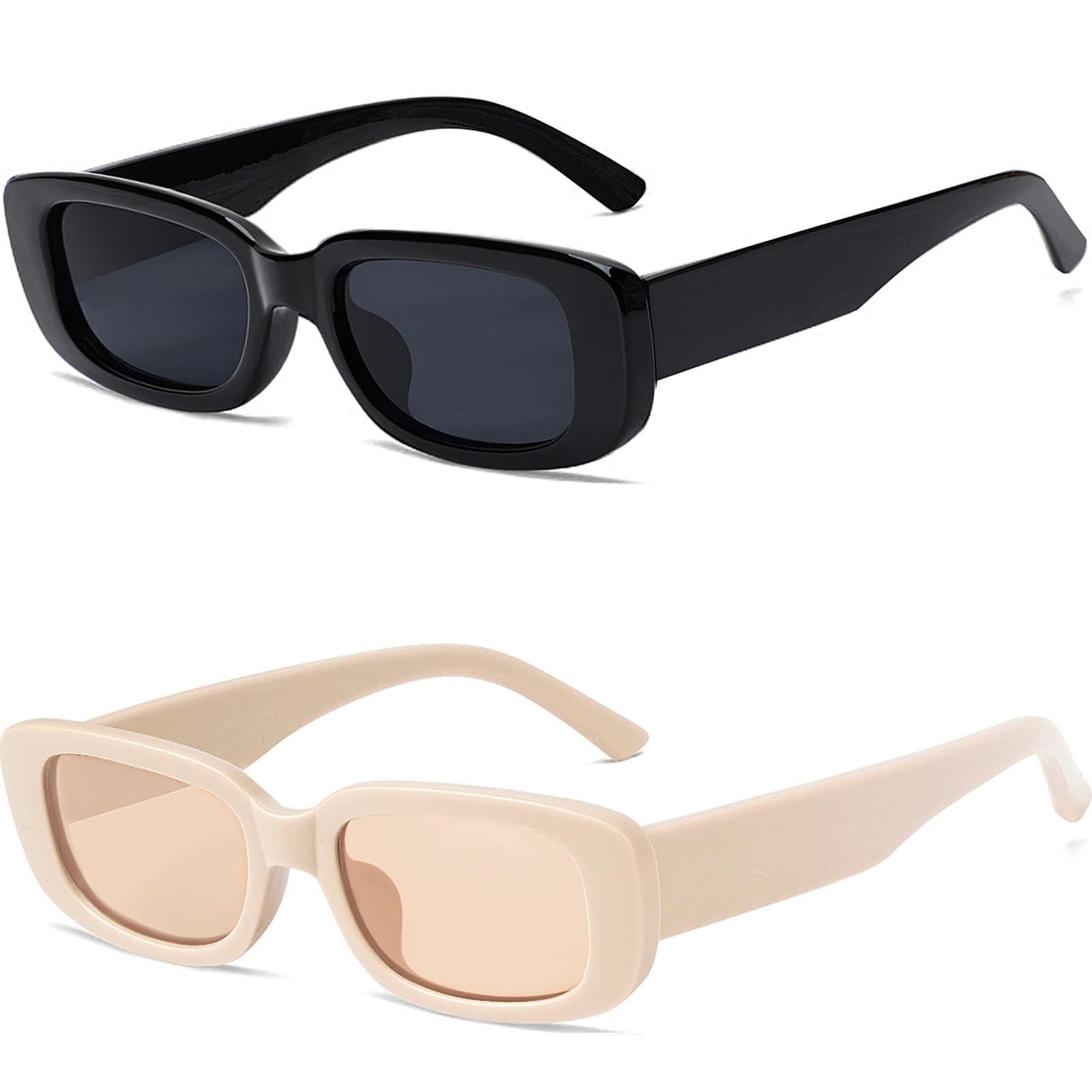 Tskestvy 2 Pack Square Rectangle Sunglasses for Women Men Y2K Retro Trendy Vintage Glasses 90S Cute Aesthetic (Beige and Black)
