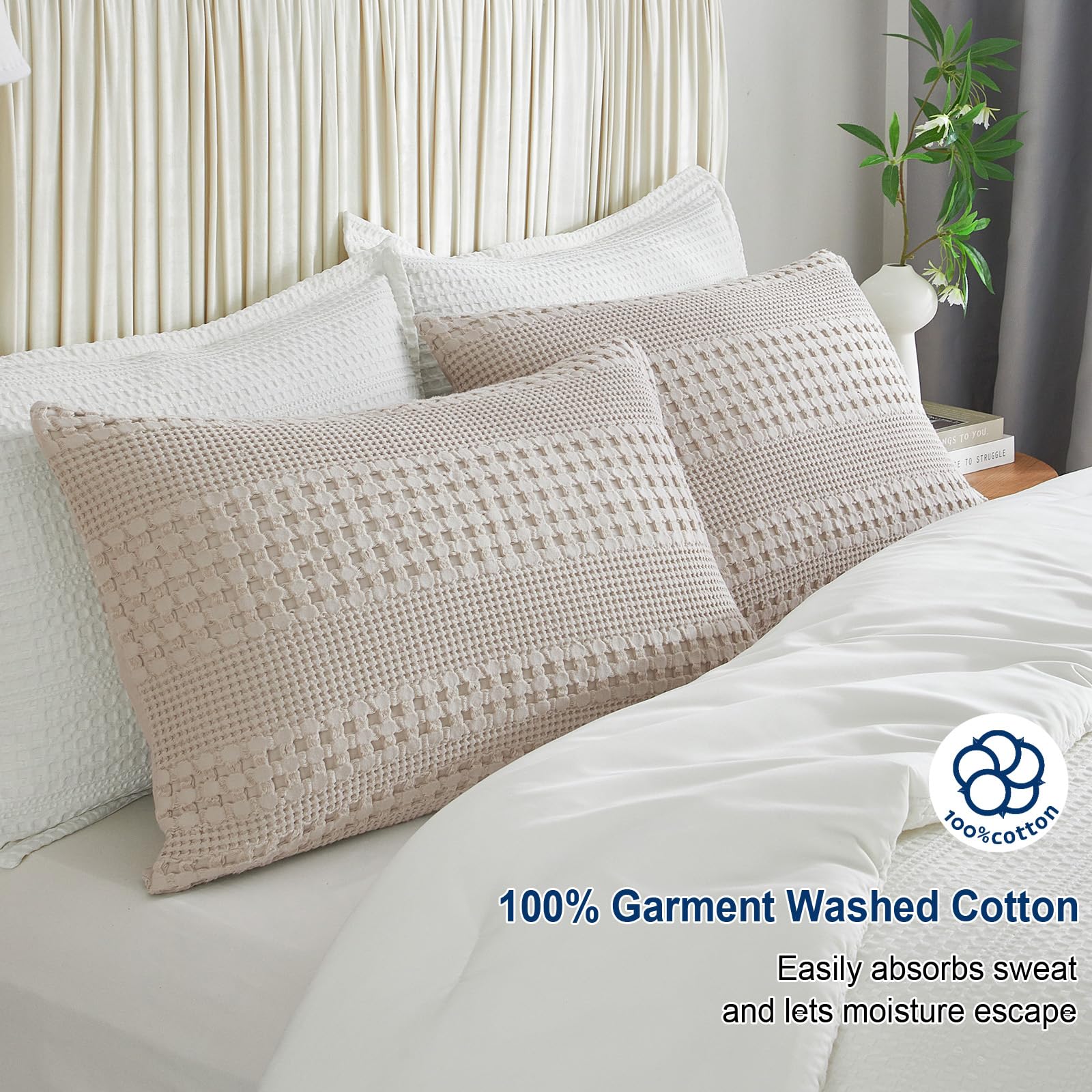 PHF 100% Cotton Waffle Pillow Shams King Size, 2 Pack 20" x 36" Soft Skin-Friendly Pillowcases, No Filling, Aesthetic Woven and Breathable Waffle Weave Pillow Case Covers for Bed, Oatmeal