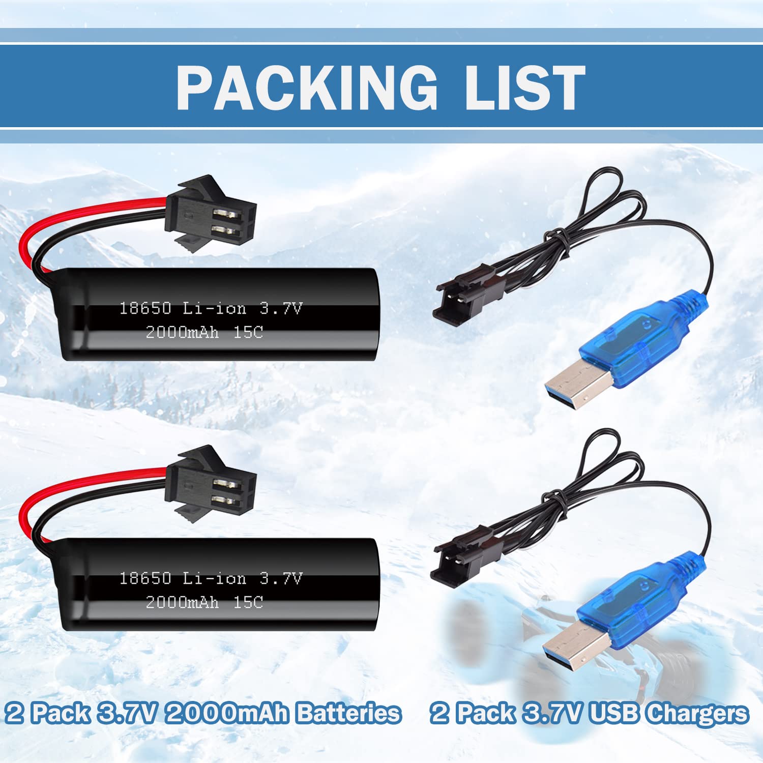 VICMILE 3.7V 2000mah Li-ion Battery 2Pack with 2 USB Chargers SM-2P Plug 15C RC Recgargeble Battery Compatible with DE45 DE42 Remote Control Cars