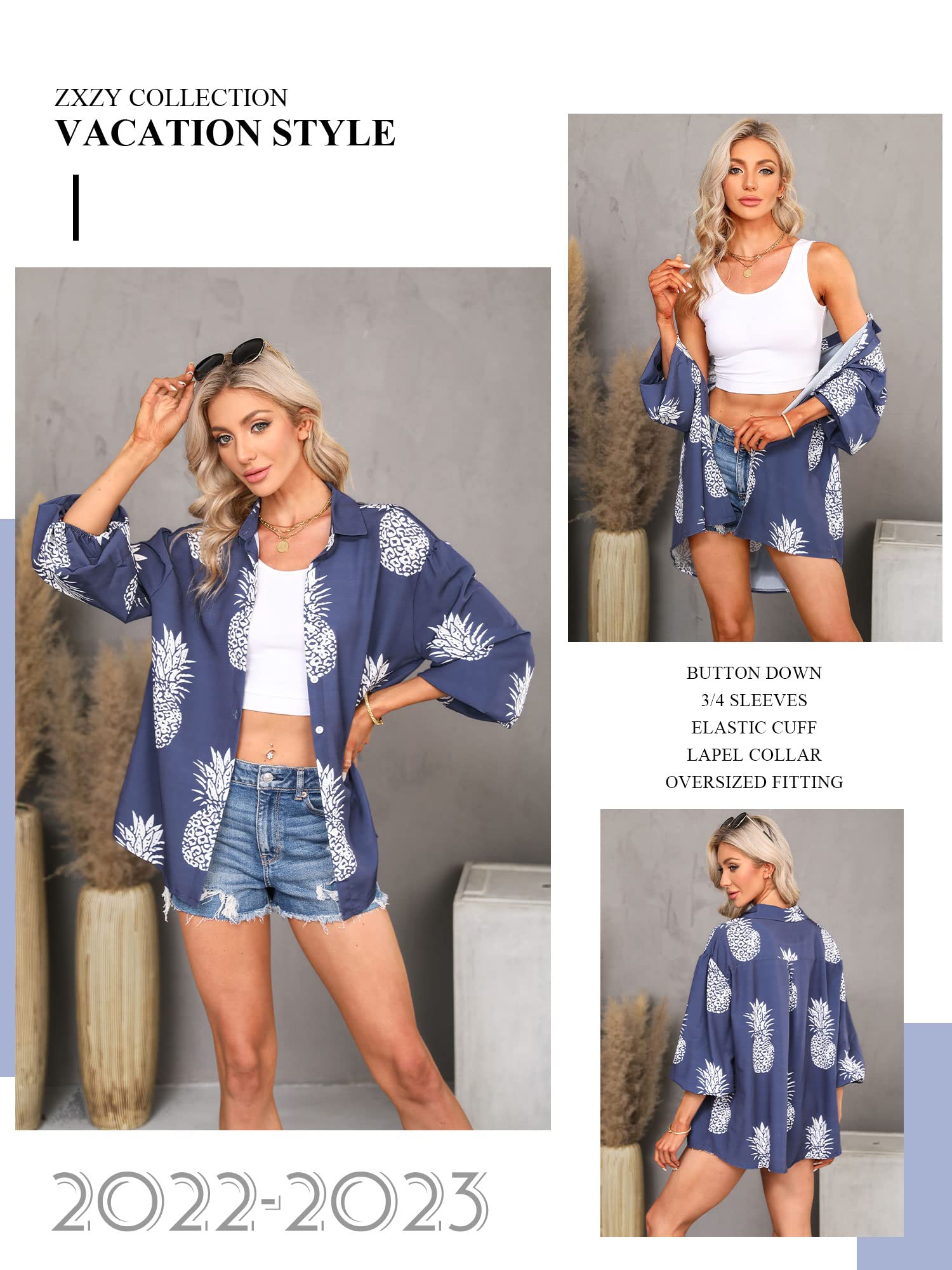 ZXZY Women Pineapple Printed Lapel Collar Half Sleeves Buttons Down Blouse Shirt (Blue, Large)