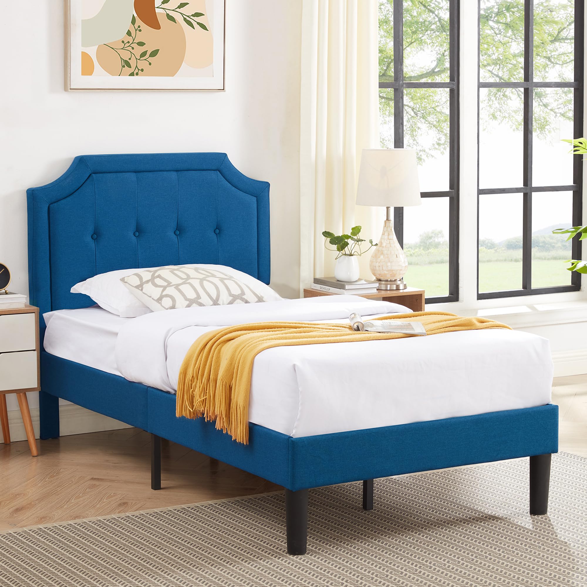 VECELO Twin Upholstered Platform Bed Frame with Adjustable Button Stitched Panel Headboard,Strong Wood Slat Support,Velcro Design,Mattress Foundation/Easy Assembly,Blue
