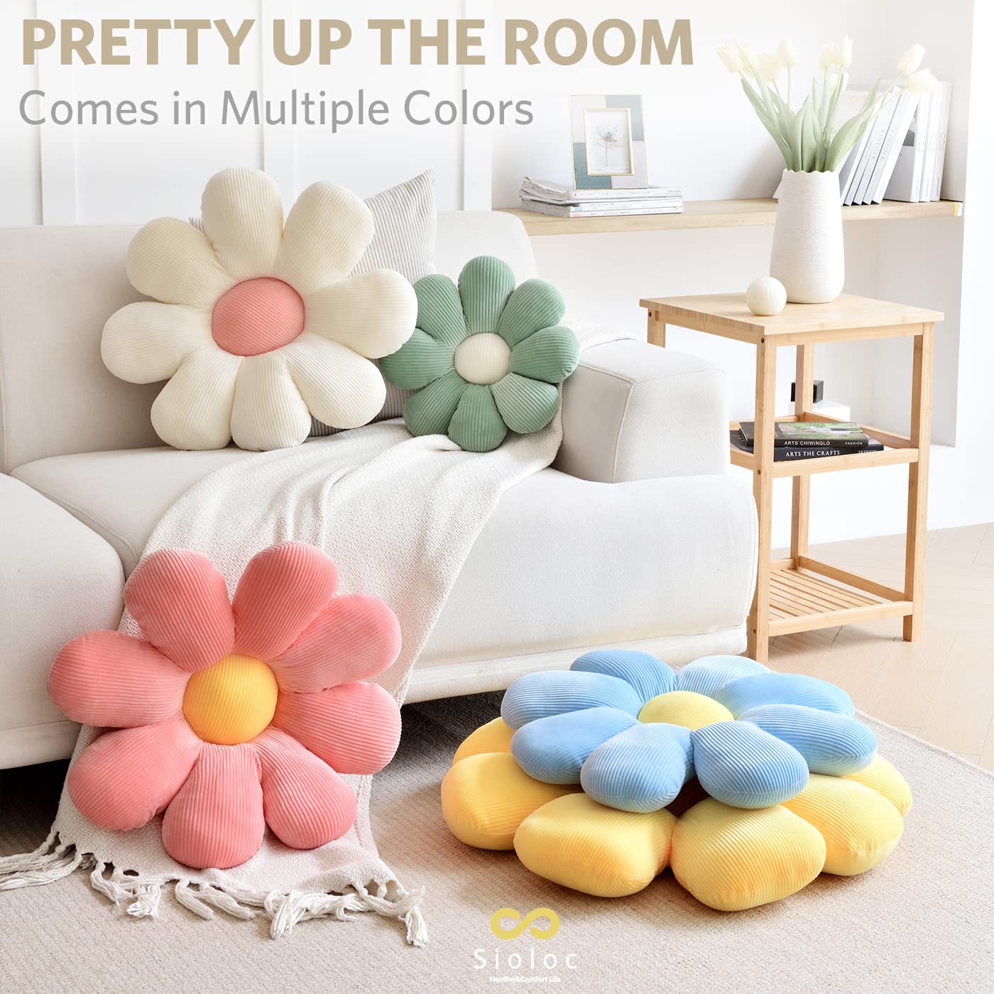 Sioloc Flower Shaped Throw Pillow Butt Cushion, Floor Pillow,Seating Cushion,Cute Room Decor & Plush Pillow for Bedroom Sofa Chair(White,15.7'')