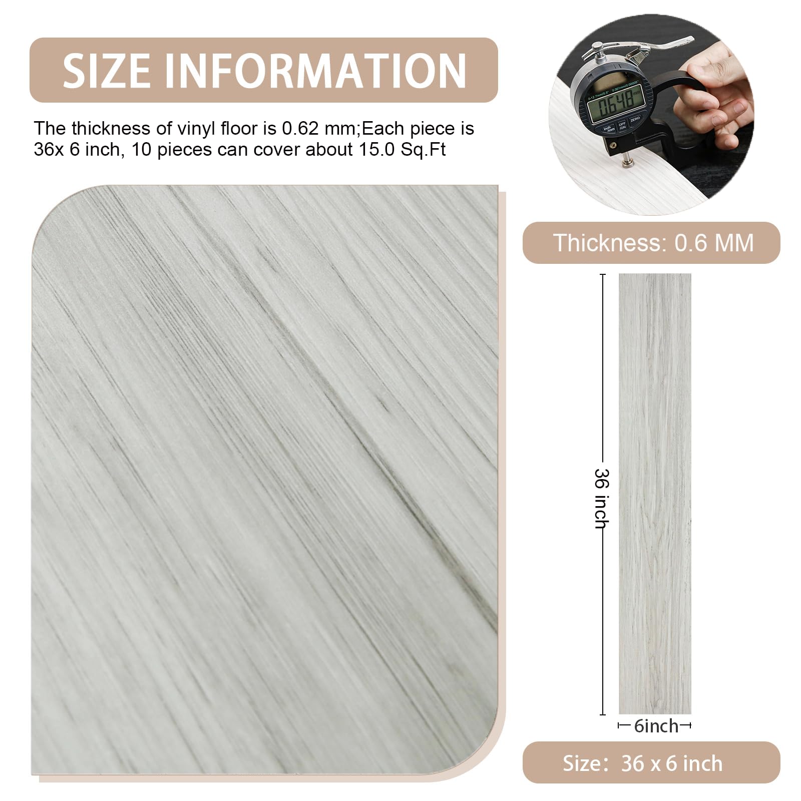 Peel and Stick Floor Tile, Vinyl Plank Flooring, 10-Pack 15 Sq.Ft, Natural Wood Look, Self Adhesive Durable and Waterproof for Transfer Bedroom, Kitchen, RV, Bathroom and Living Room