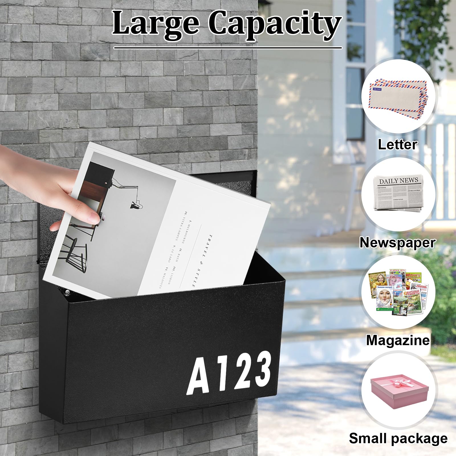 Dalmbox Wall-Mount Mailbox Large Mailbox for Post Rust-Proof Galvanized Steel Box for Outside or Townhouse Horizontal Style, Black, 15.7” x 4.3” x 9.4”