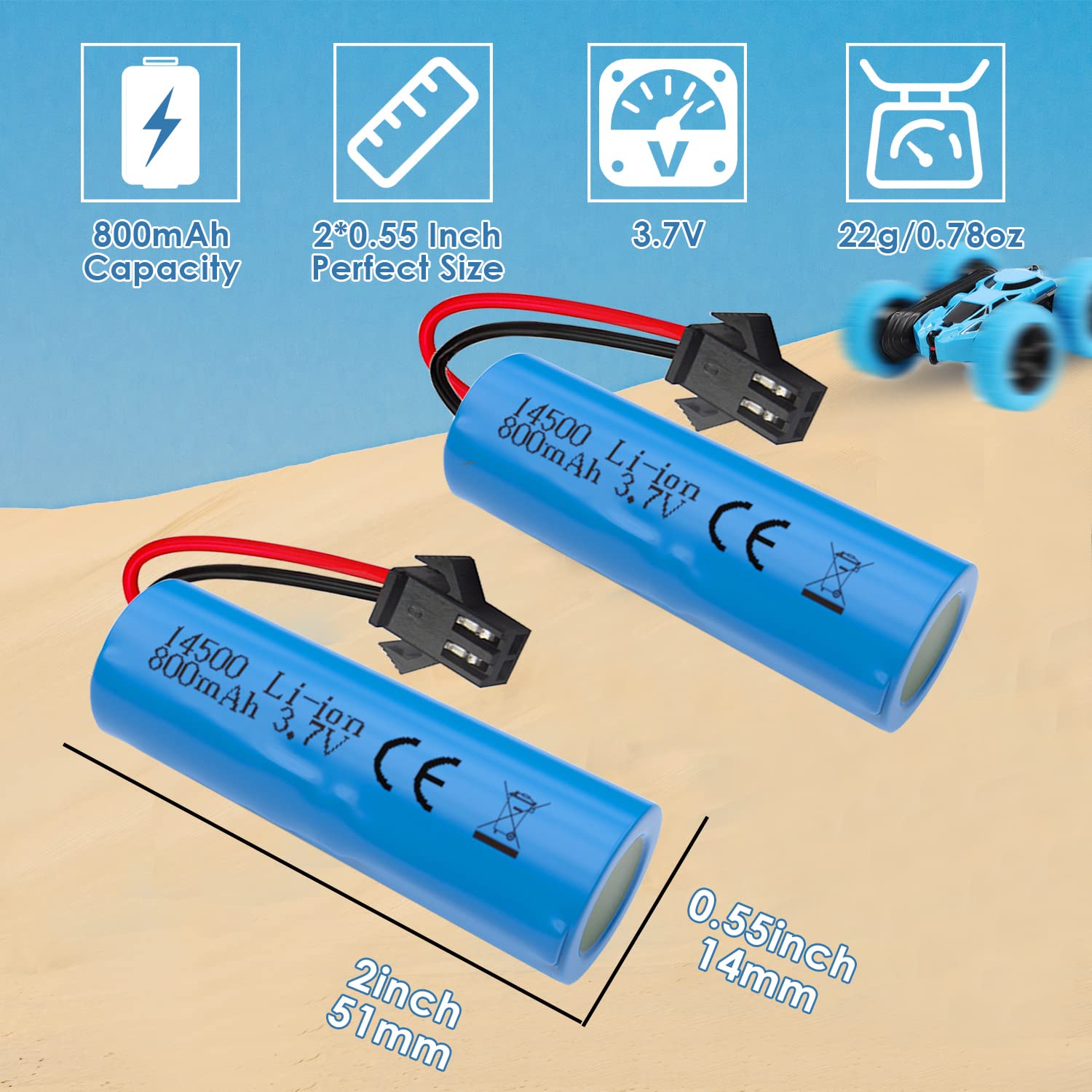 VICMILE 3.7V 800mah Li-ion Battery 2Pack with USB Chargers SM-2P Plug RC Rechargeable Battery Compatible with Remote Control Cars E35 DE38 DE40 DE50 DE55 TB202 TM141 Toy Cars 2Pack