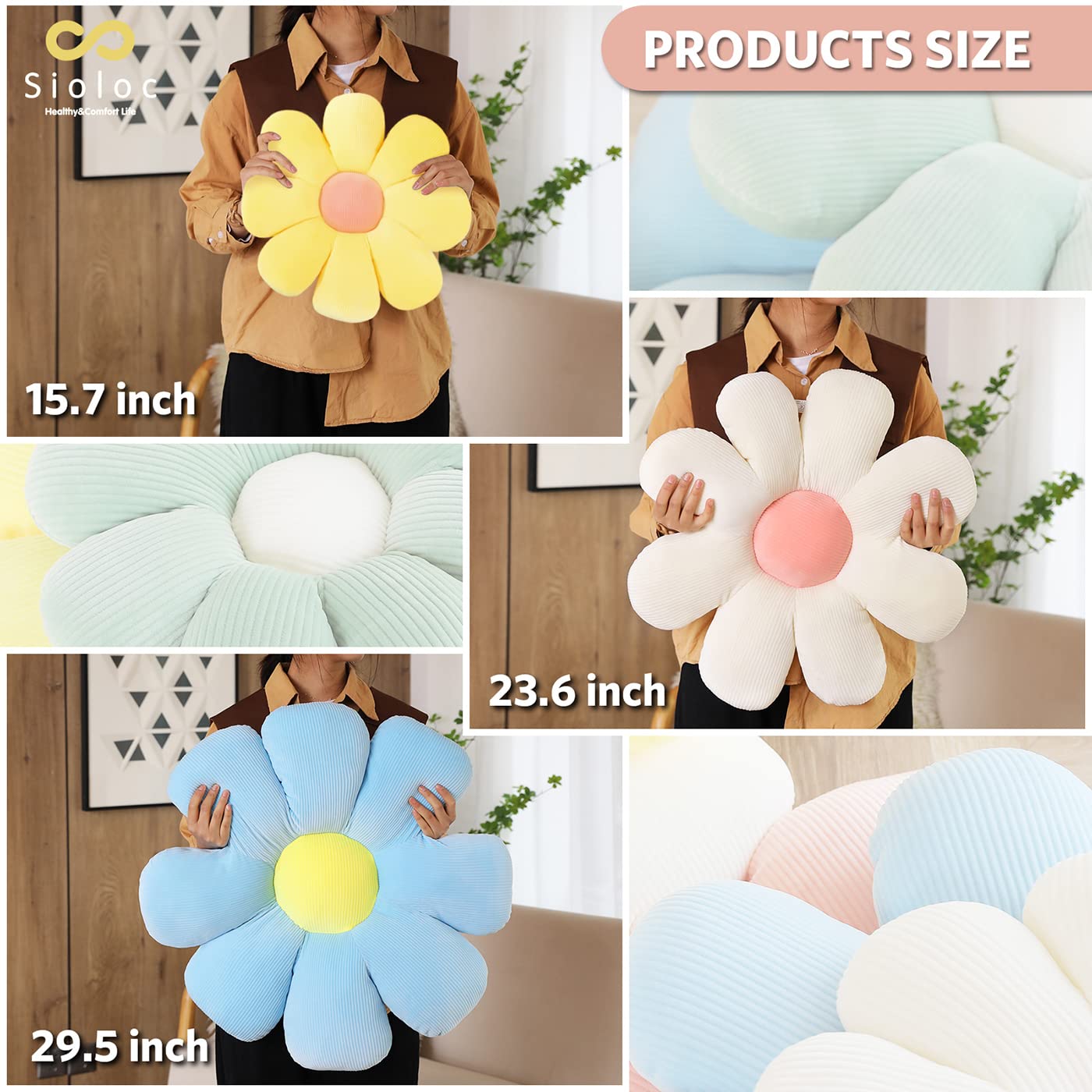 Sioloc Flower Shaped Throw Pillow Butt Cushion, Floor Pillow,Seating Cushion,Cute Room Decor & Plush Pillow for Bedroom Sofa Chair(White,15.7'')